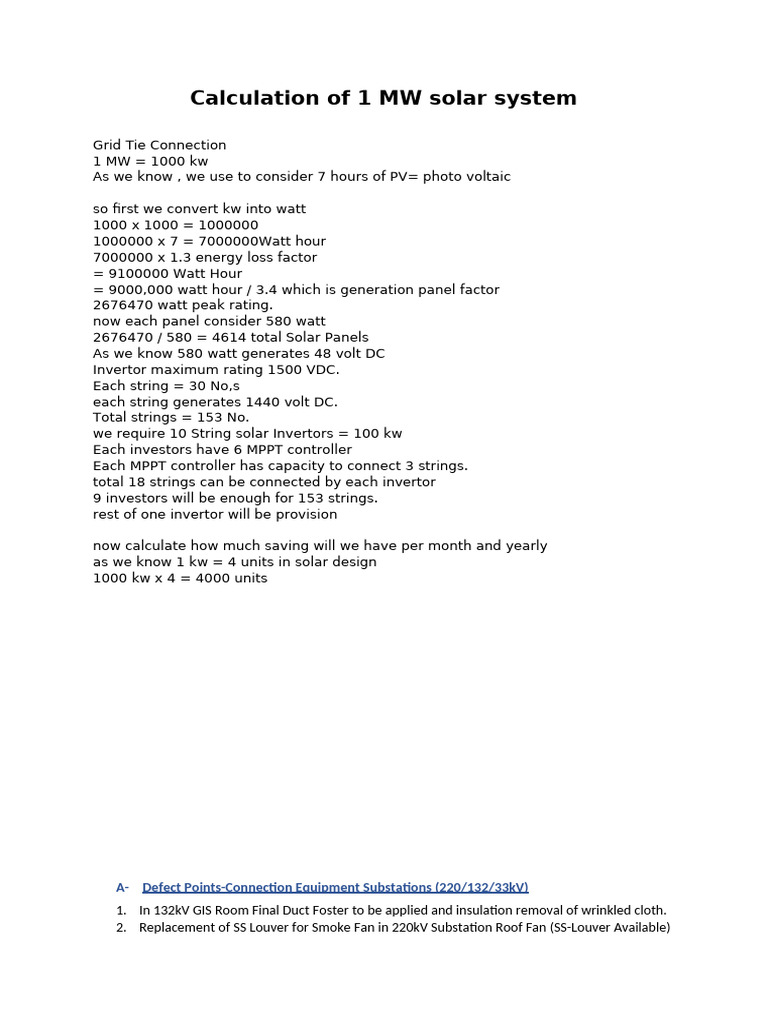 Calculation of 1 MW Solar System | PDF | Watt | Electrical Substation