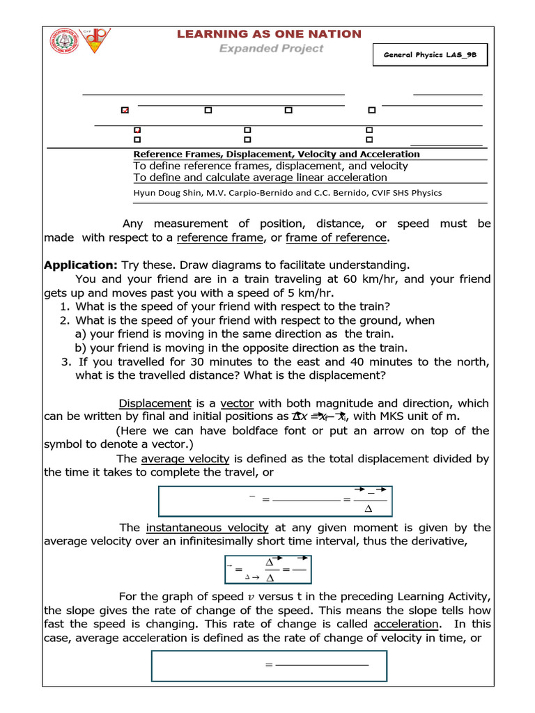 Gen Physics 1 LAS 9B Reference Frames, Displacement, Velocity and Acceleration | PDF | Speed ...