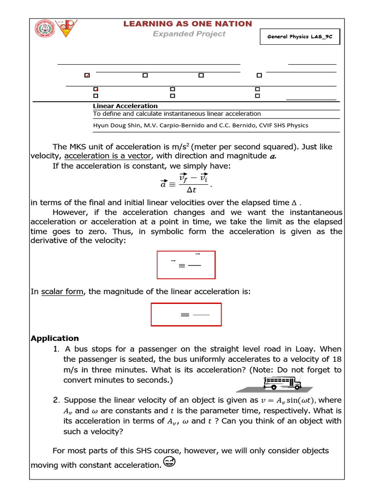Gen Physics 1 LAS 9C Linear Acceleration | PDF | Acceleration | Velocity