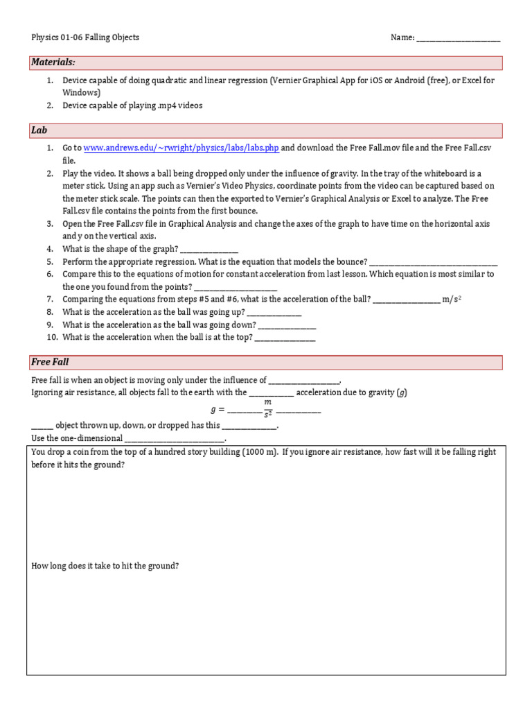 Physics 01-06 Free Fall Lab | PDF | Acceleration | Drag (Physics)