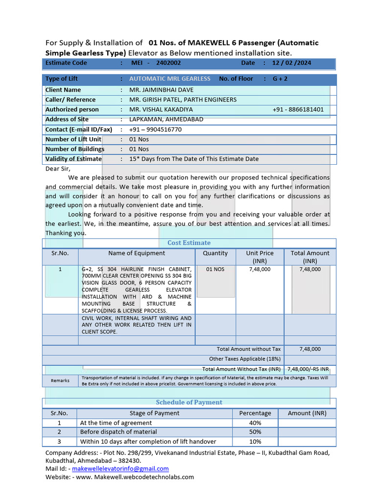 Mei 2402002, Mr. Jaiminbhai Dave, Lapkaman, G+2, SS Autodoor, 6 Person ...