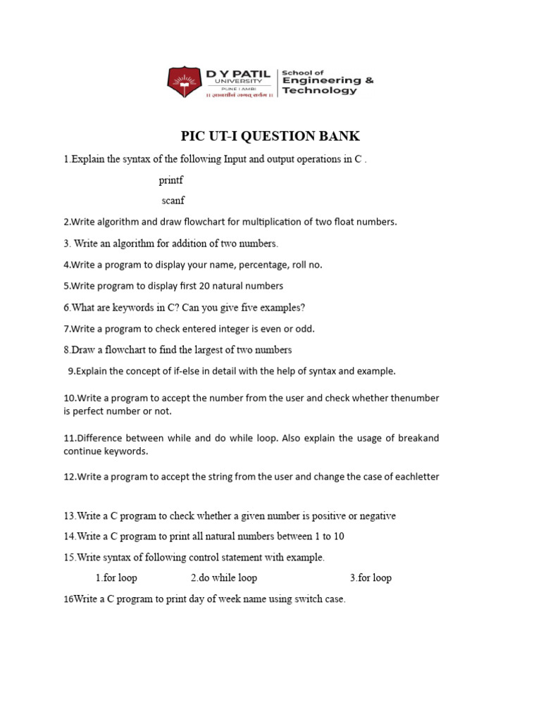 Pic Unit Test Question Bank | PDF