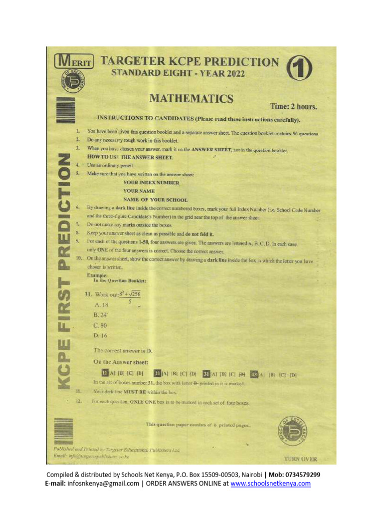 Primary Class 8 Targeter Kcpe Prediction Mathematics 2022 | PDF ...