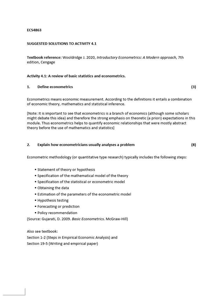 ECS4863 SOLUTIONS Activity 4.1 A Reviews of Statistical and Econometric Concepts | PDF ...