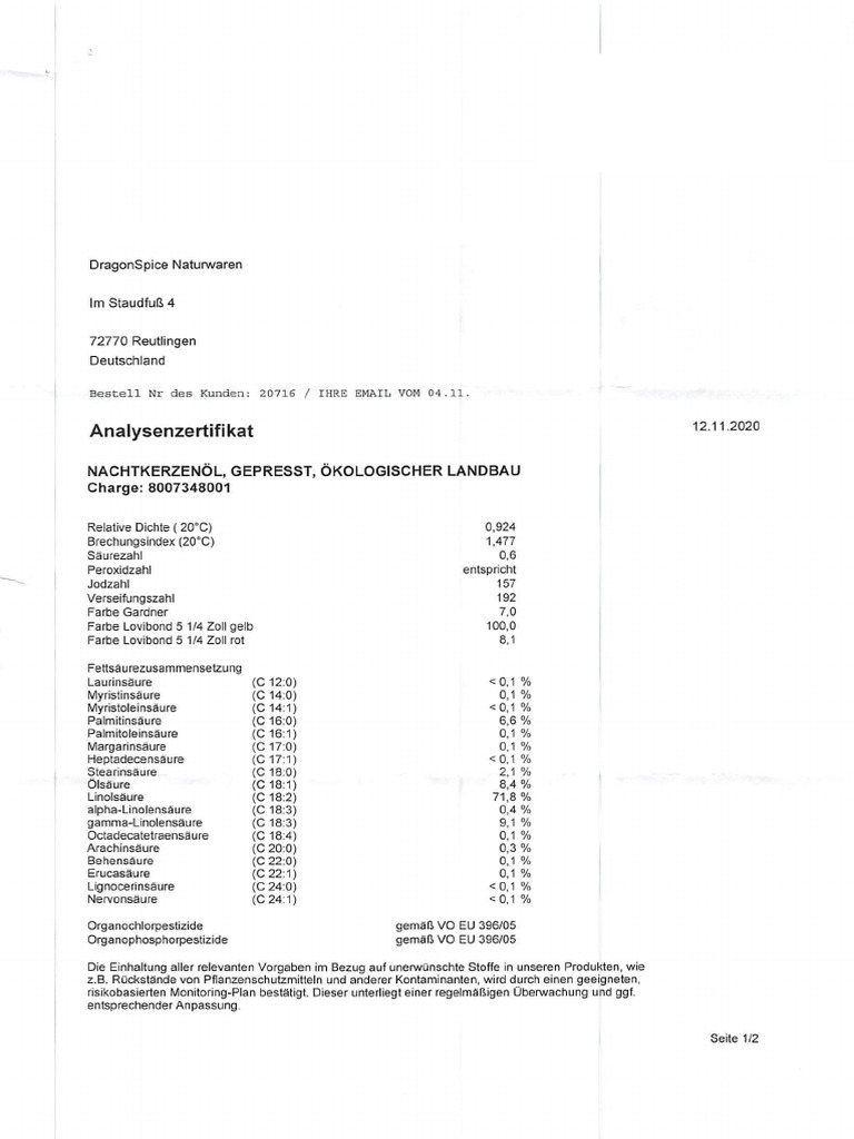 Ligetszépe Kalt BIO Analyse 8007348001 (11.2020) - Dragonspice | PDF