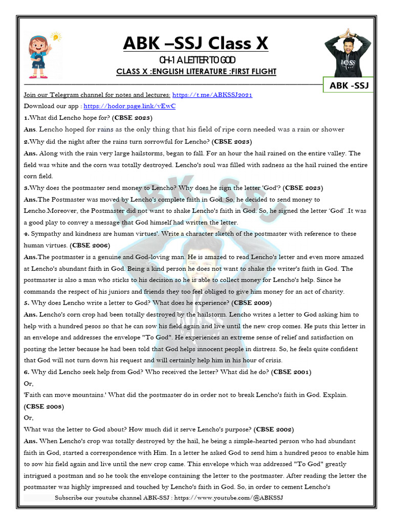 PYQs Ch-1 A Letter To God Class 10 First Flight | PDF