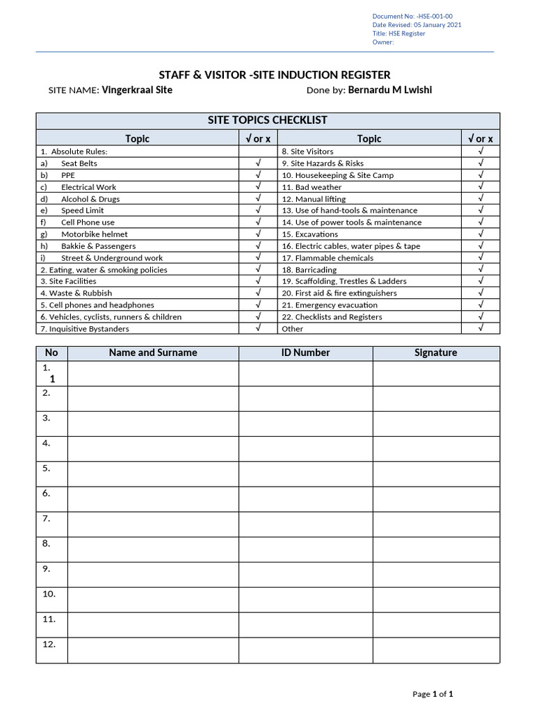 Register - Site Induction (Staff & Visitor) - 2021 | PDF | Safety