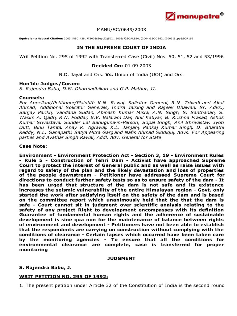 Tehri Dam Case Judgment Supreme Court | PDF | Earthquakes | Earthquake ...