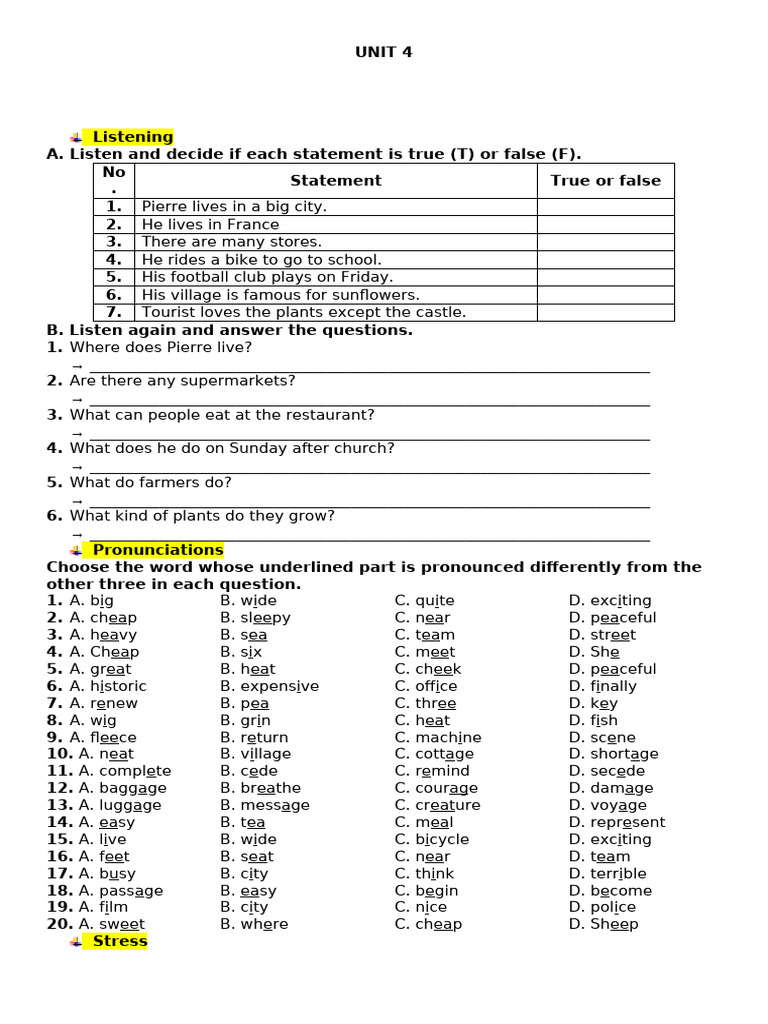 Bài tập chuyên sâu anh 6 Global có key và file nghe UNIT 4 | PDF