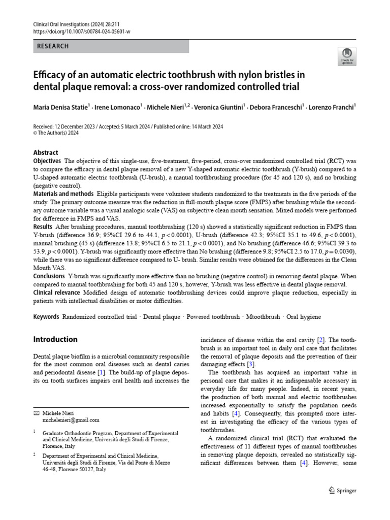 Efficacy of Y-shaped Electric Toothbrush | PDF | Toothbrush ...