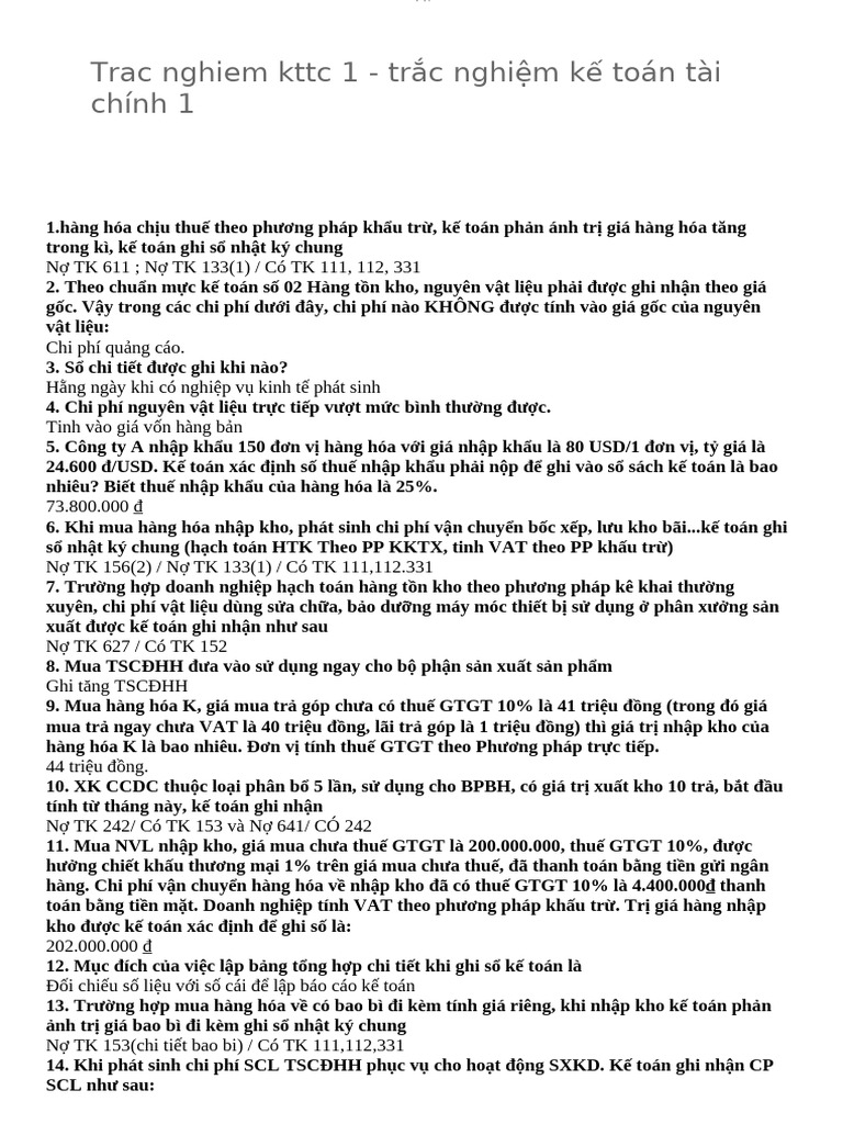 Trac Nghiem KTTC 1 Trac Nghiem Ke Toan Tai Chinh 1 | PDF