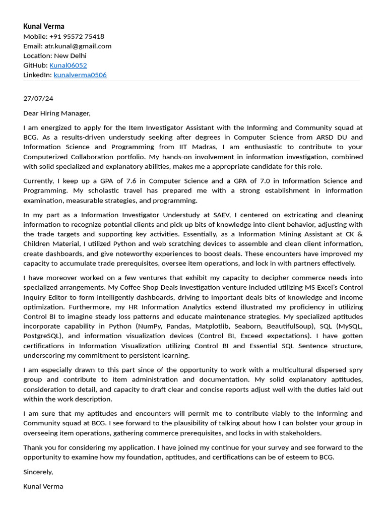 Cover Letter Bcg | PDF | Computing