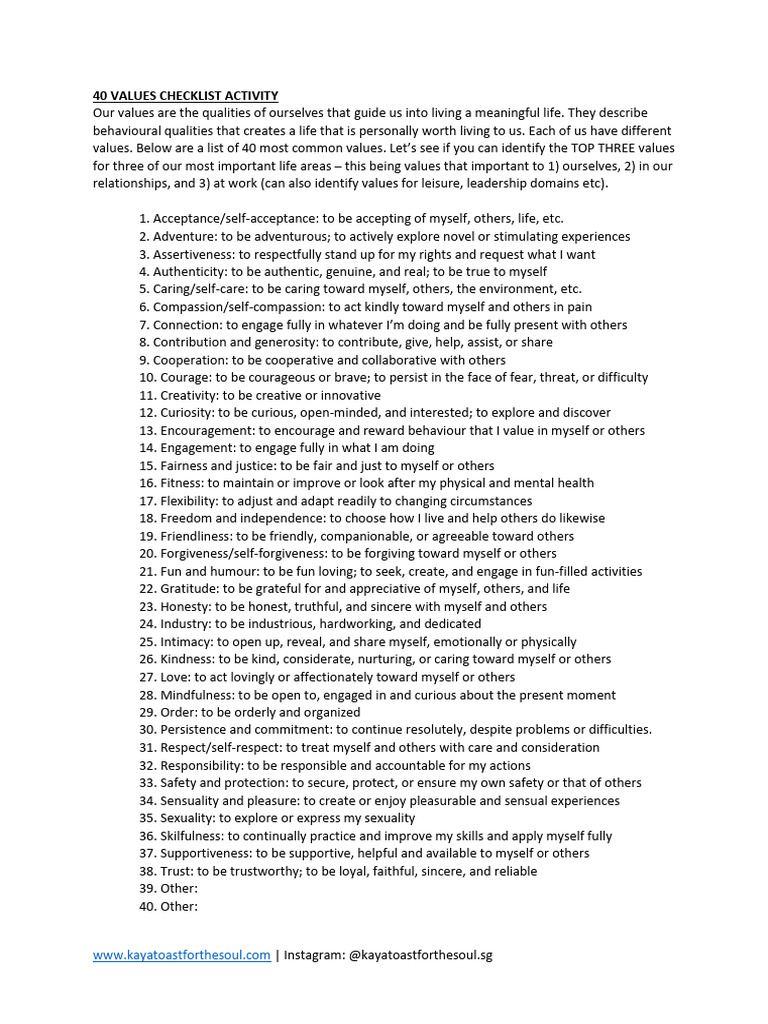 40 Values Checklist Activity | PDF | Interpersonal Relationships ...