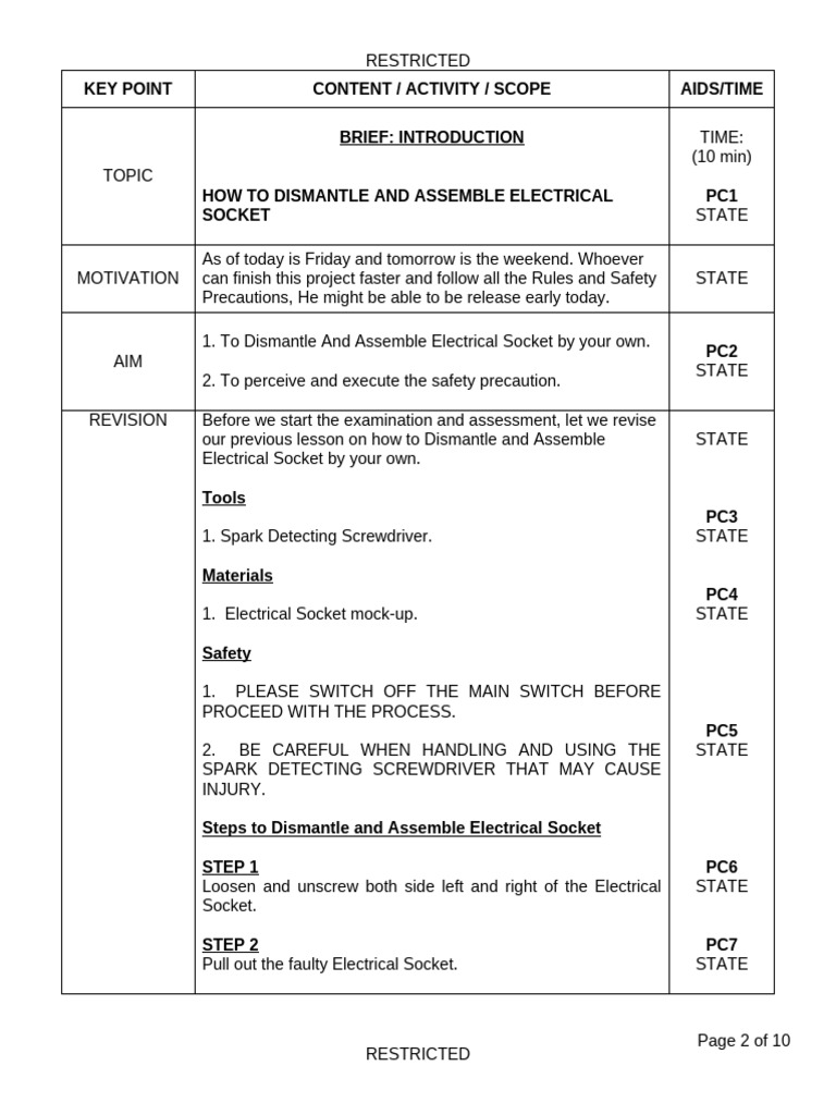 Lesson Plan Electrical Outlet Socket Practical | PDF | Cognition
