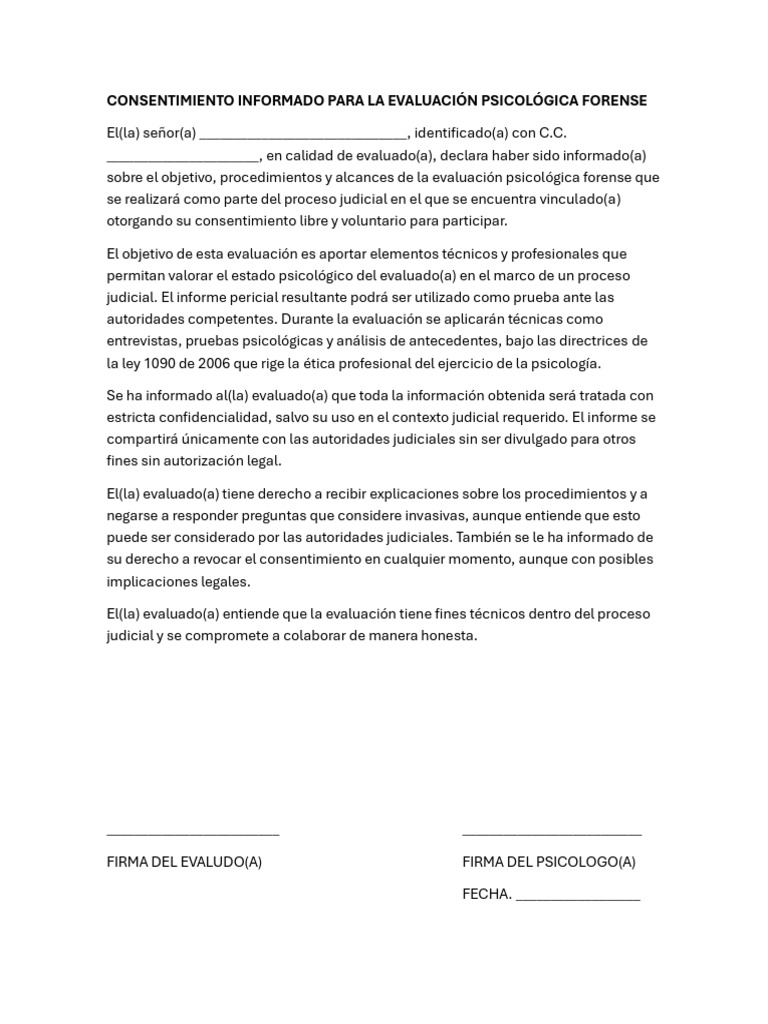 Consentimiento Informado para La Evaluación Psicológica Forense | PDF | Derecho