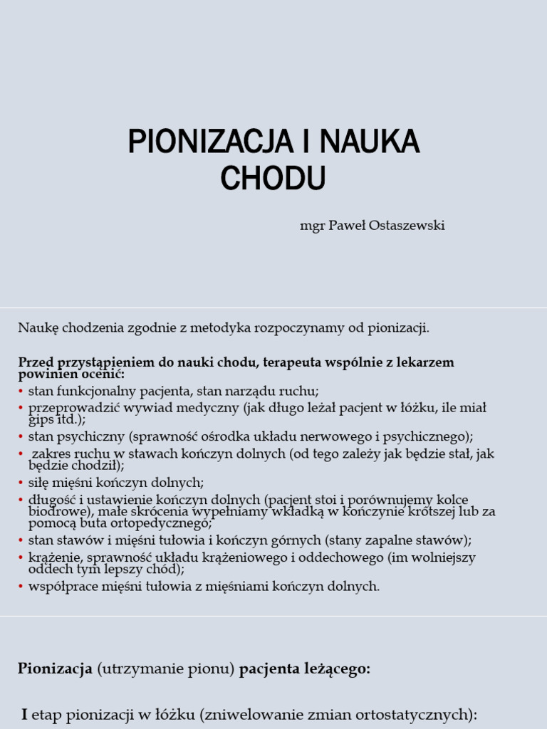 Kinezyterapia - Pionizacja I Nauka Chodu | PDF