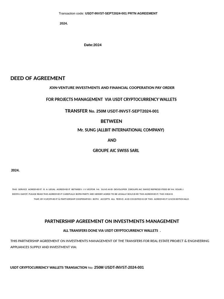 Doa Contract Agreement-Cryptowllt 250m$ Sept 2024-Real-Estate-Sung ...