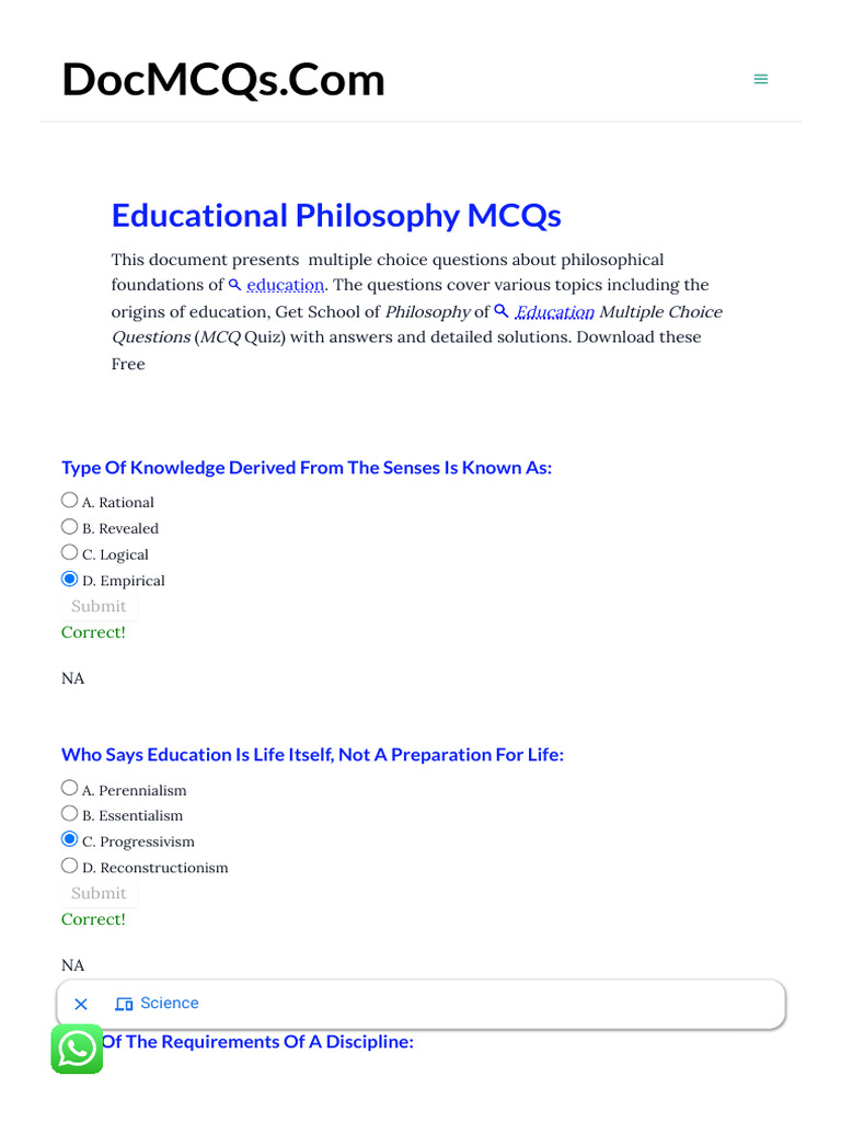 Educational Philosophy McQs - Pedagogy MCQS Quiz 1 | PDF | Philosophy ...