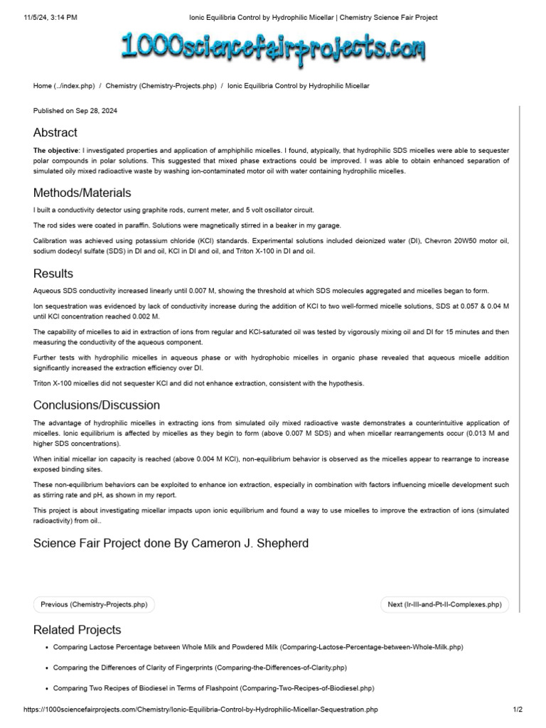 Ionic Equilibria Control By Hydrophilic Micellar Chemistry Science Fair Project Pdf Sodium