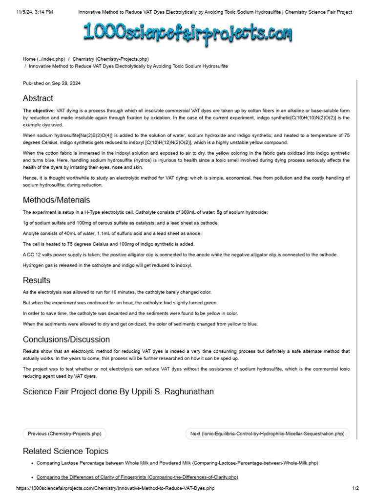 Innovative Method To Reduce VAT Dyes Electrolytically by Avoiding Toxic ...