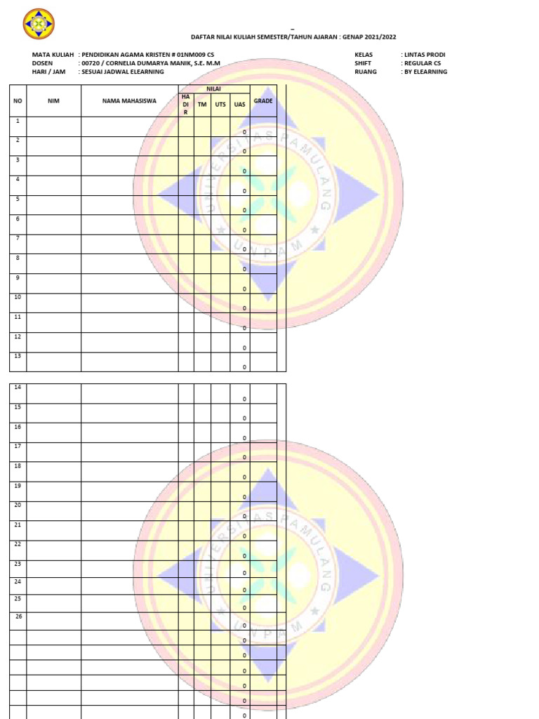 FIX 009 REG CS 62 Form Nilai Pendidikan Agama KRISTEN - Copy | PDF
