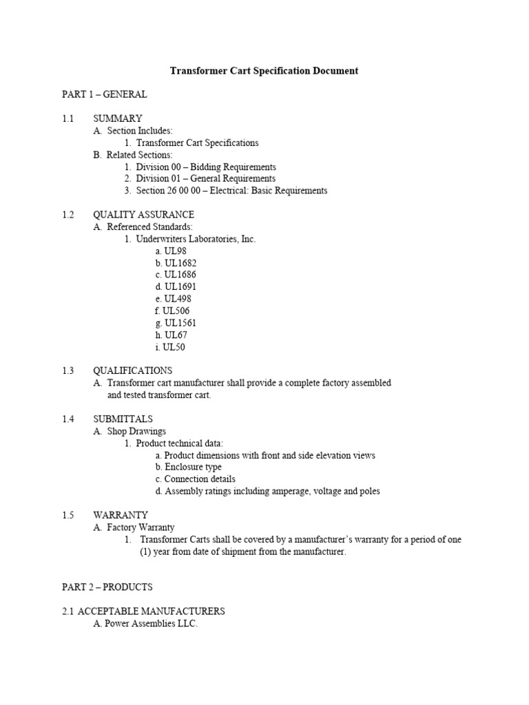 Transformer Cart Specification Document | PDF | Transformer | Switch