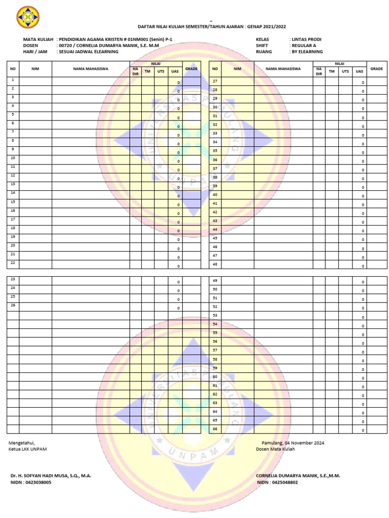 FIX 001 REG A Form Nilai Pendidikan Agama KRISTEN - Copy | PDF