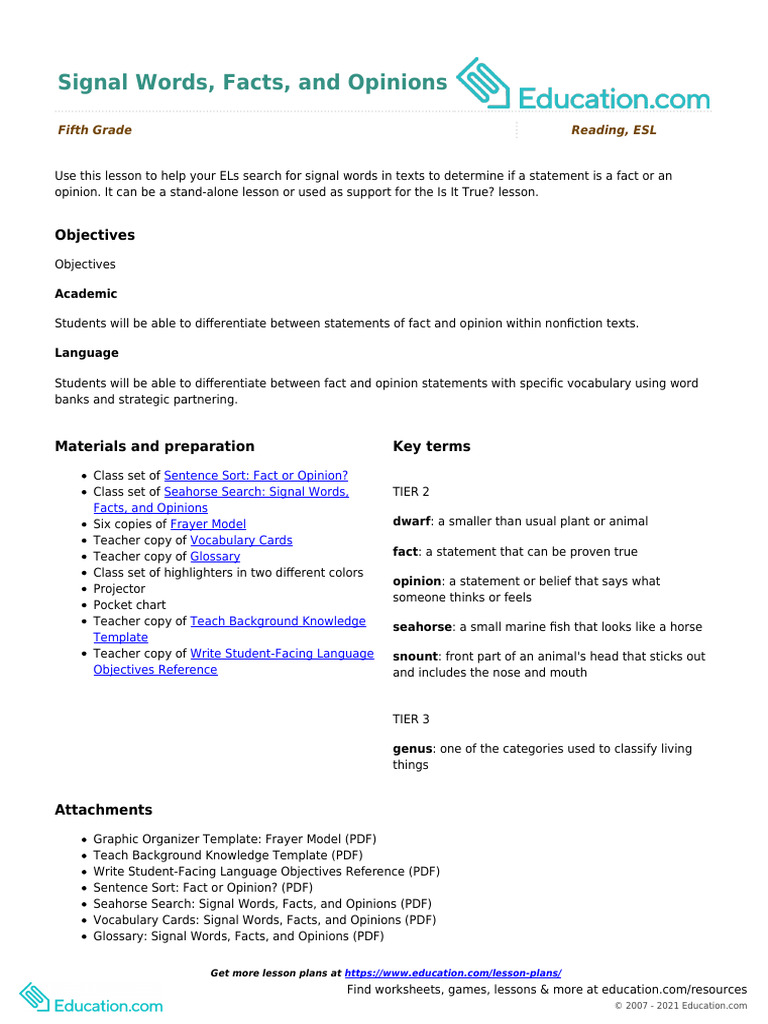 Signal Words, Facts, and Opinions: Objectives | PDF | Adjective ...
