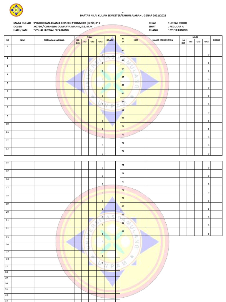 FIX 003 REG A 83 Form Nilai Pendidikan Agama KRISTEN - Copy | PDF