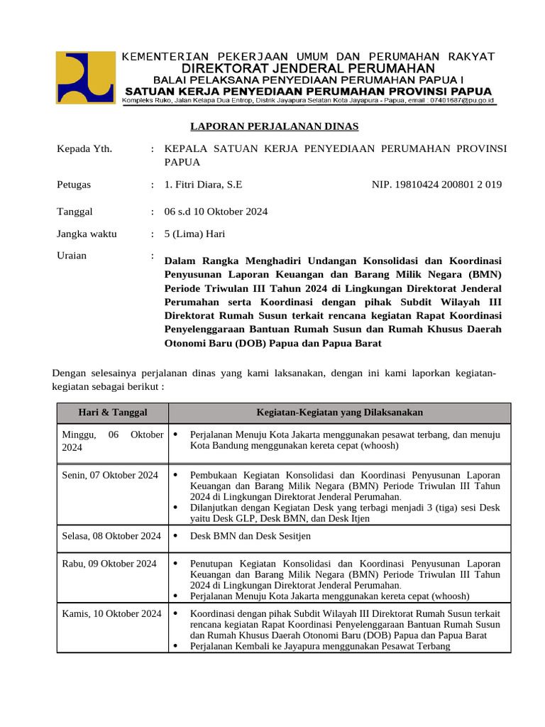 LAPORAN PERJADIN 06 - 10 Oktober 2024 Kota Bandung | PDF