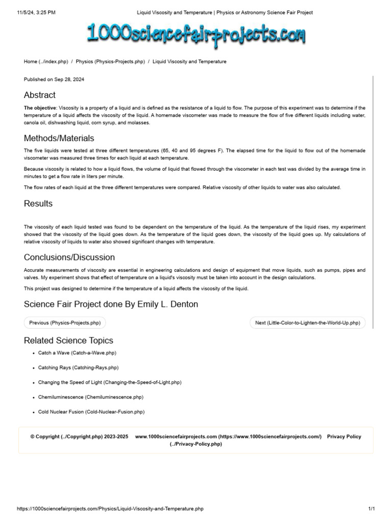Liquid Viscosity and Temperature - Physics or Astronomy Science Fair ...