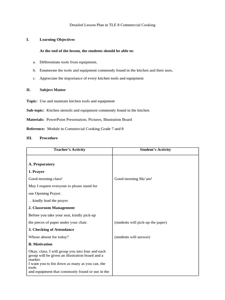 Detailed Lesson Plan in TLE 8 Commercial Cooking | PDF | Knife | Cooking
