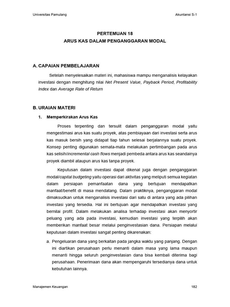 Pertemuan 18 - Arus Kas Dalam Penganggaran Modal | PDF