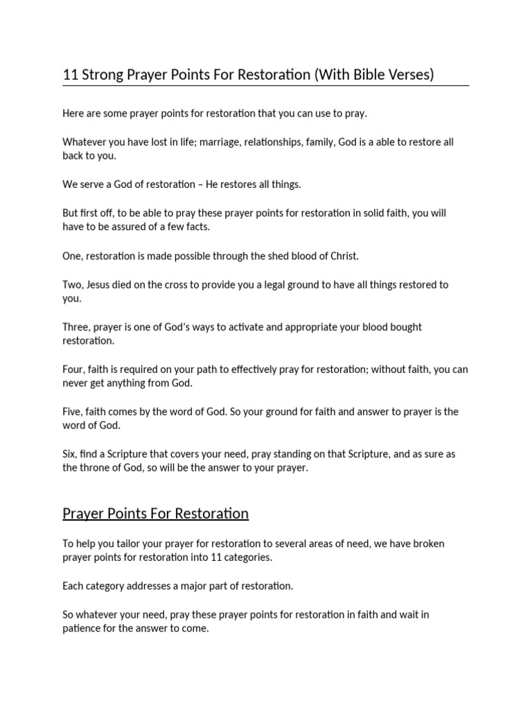 11 Prayer Points for Divine Restoration | PDF | Prayer | Jesus