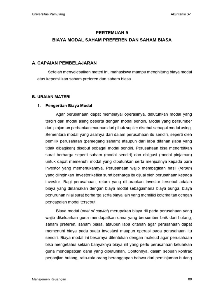 Pertemuan 9 - Biaya Modal Saham Preferen Dan Saham Biasa | PDF | Bisnis ...