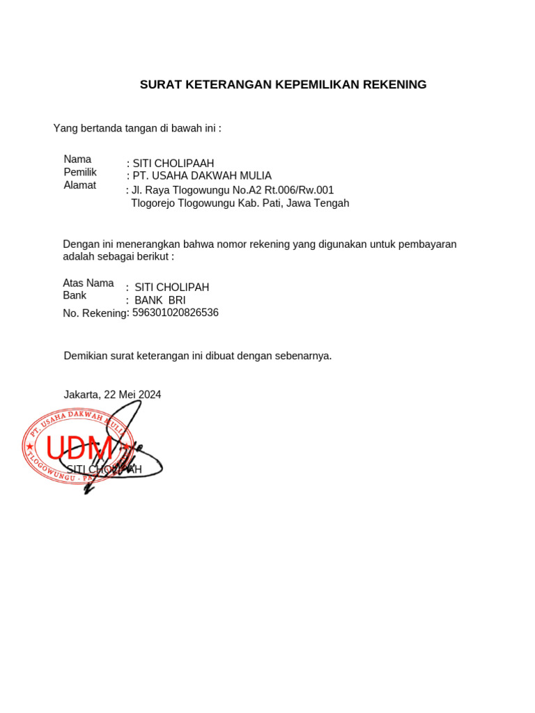 Surat Keterangan Kepemilikan Rekening Siti Cholipah | PDF