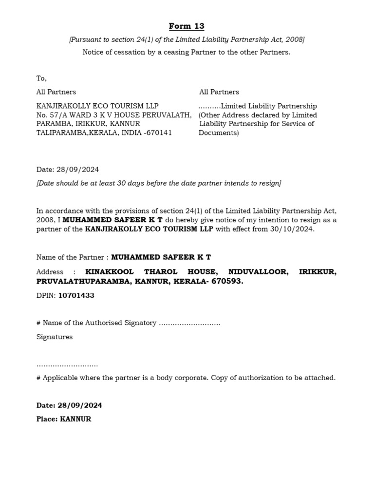 LLP Partner Resignation Notice Template | PDF | Business