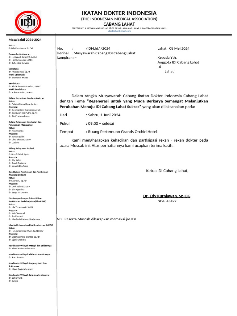 Undangan Muscab IDI Cabang Lahat 2024 | PDF | Pengembangan Diri