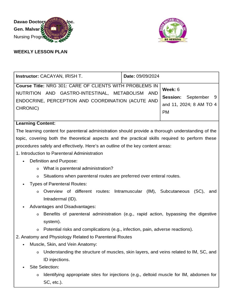 Lesson-Plan PCI Parenteral | PDF | Injection (Medicine) | Clinical Medicine