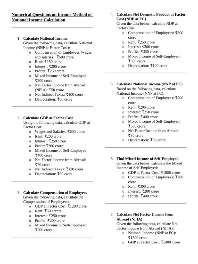 Numerical Questions On Income Method of National Income Calculation ...