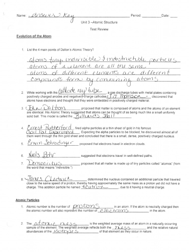 Unit 3 - Atomic Structure Test Review - Answer Key | PDF