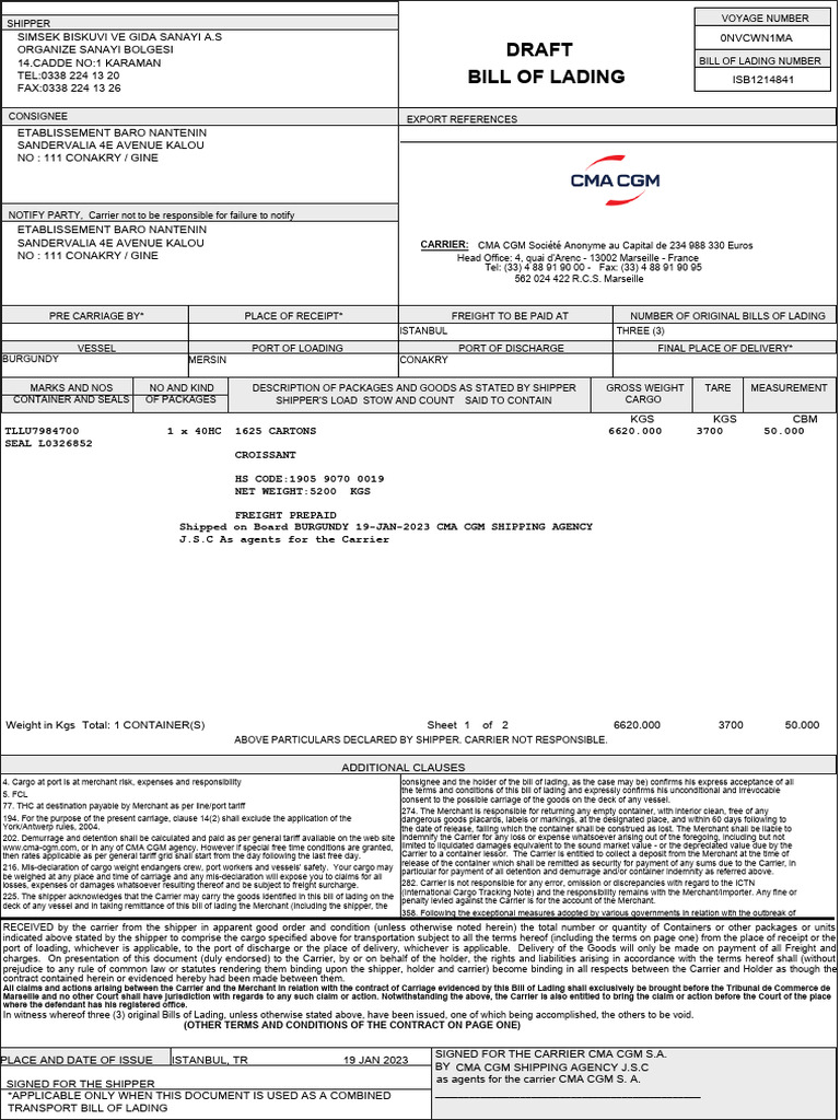 Bill of Lading Draft: Carrier | PDF | Bill Of Lading | Cargo