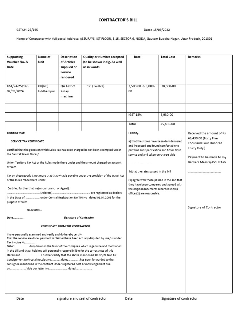 Contractor Bill Format for GST Services | PDF | Value Added Tax | Payments