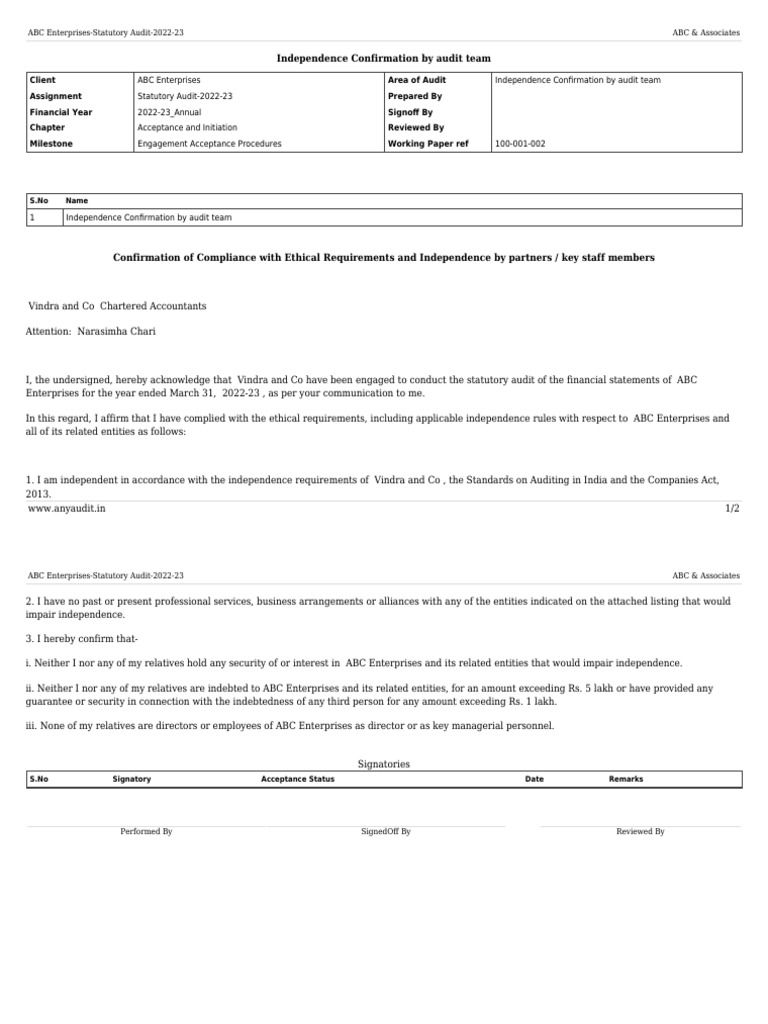 100-001-002 - Independence Confirmation by Audit Team - ABC Enterprises-Statutory Audit-2022-23 ...
