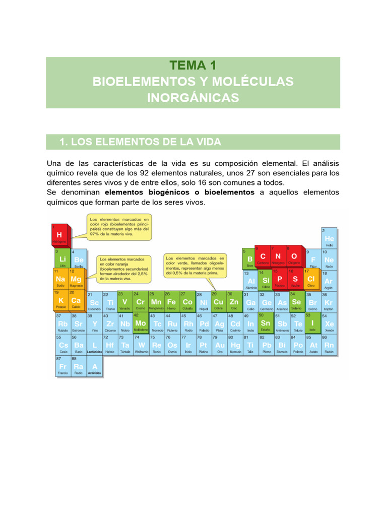 RESUMEN TEMA 1 LOS BIOELEMENTOS | PDF | Biomoléculas | Ósmosis