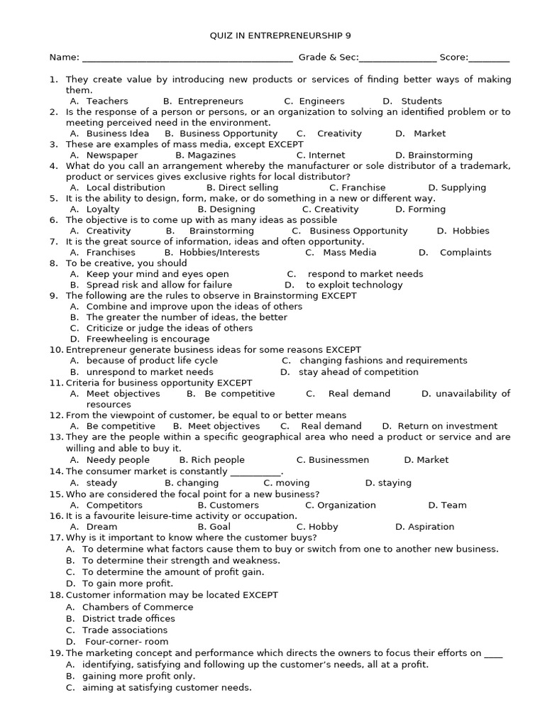 QUIZ IN ENTREPRENEURSHIP 9.docxgulles | PDF | Entrepreneurship | Marketing