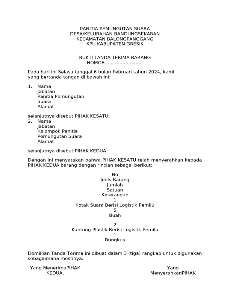 Template Bukti Tanda Terima Barang Tps 3 Kel Bandungsekaran Kec ...