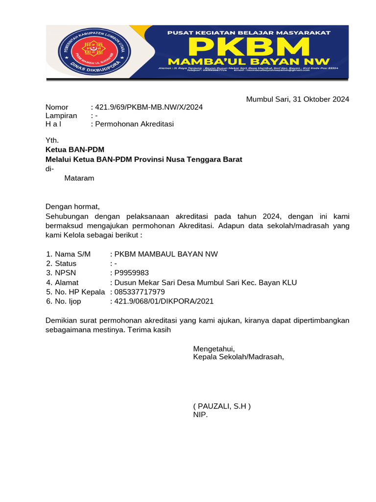 Form Pengajuan Akreditasi Baru PKBM | PDF