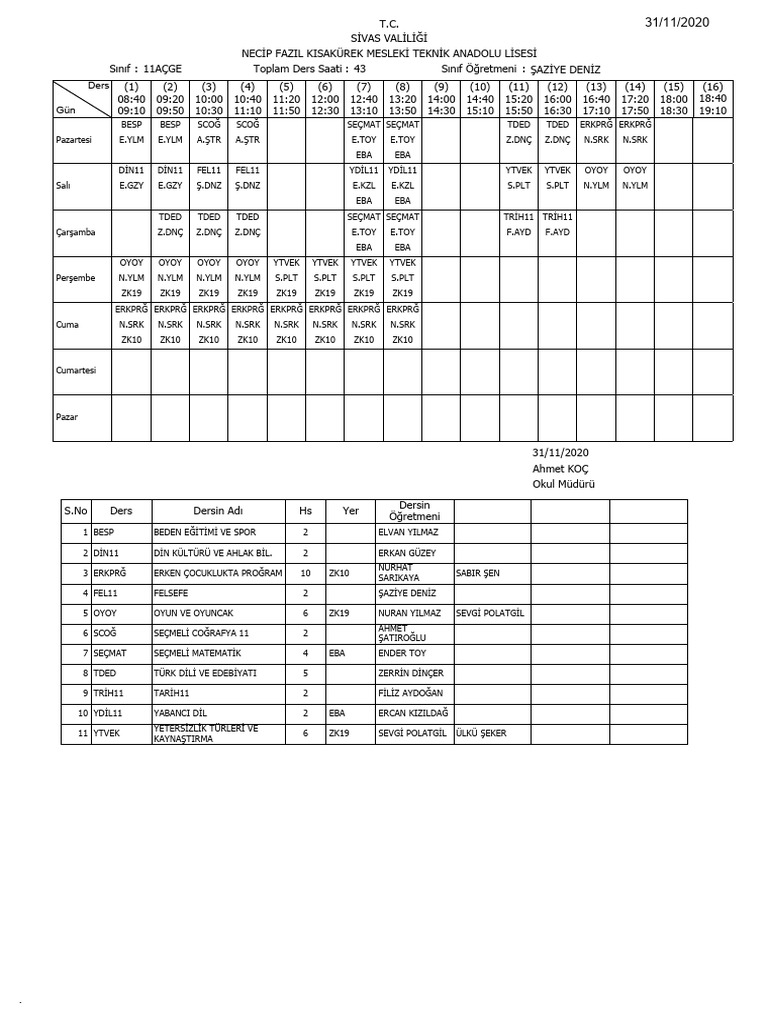 Sinif Ders Programi | PDF