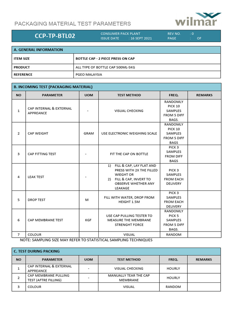 CCP-TP-BTL02 (REV0-161921) - Bottle Cap Test Paramater | PDF
